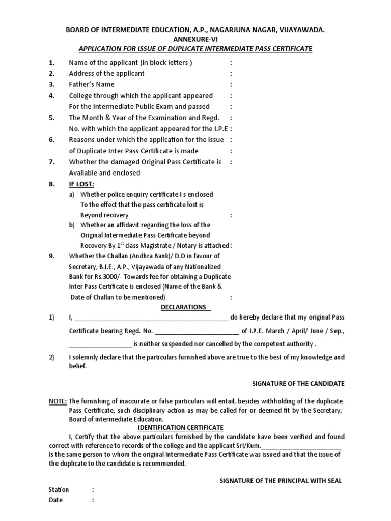 Application for Duplicate Intermediate Pass Certificate: Document Outlining Requirements and ...
