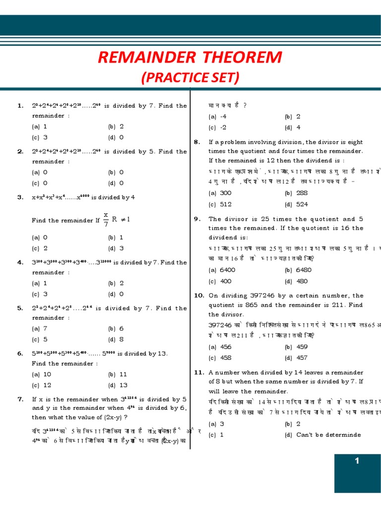 Remainder Theorem: (Practice Set) | PDF | Division (Mathematics ...