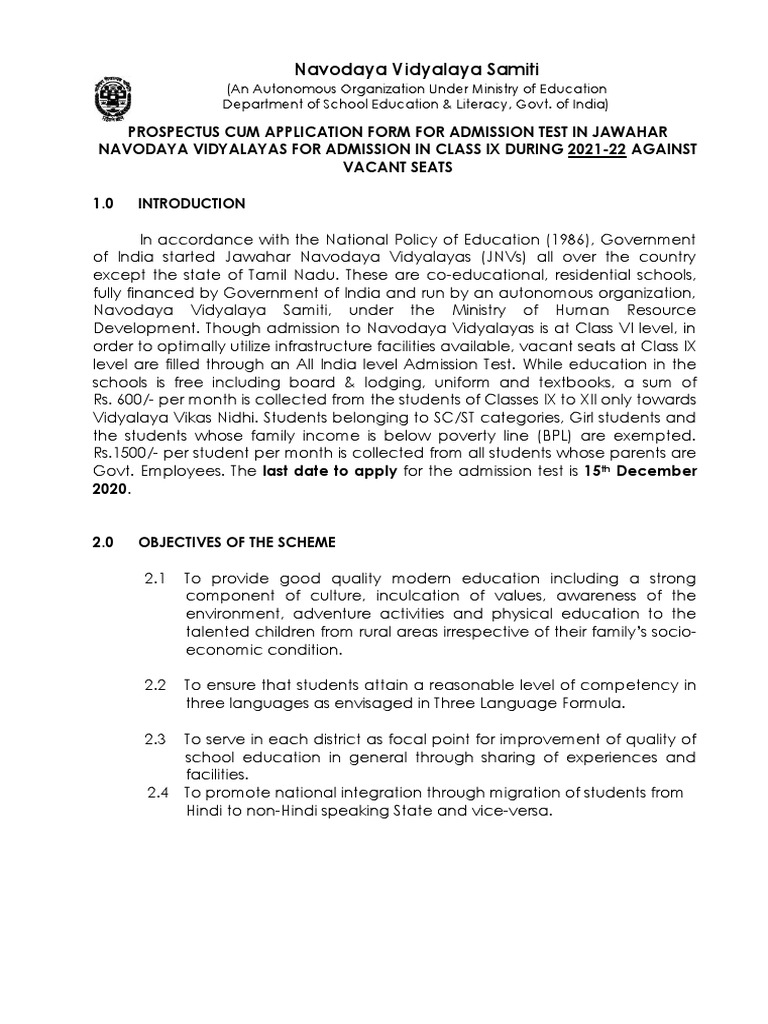 JNV Class IX Admission Test 2021: Syllabus and Eligibility | PDF