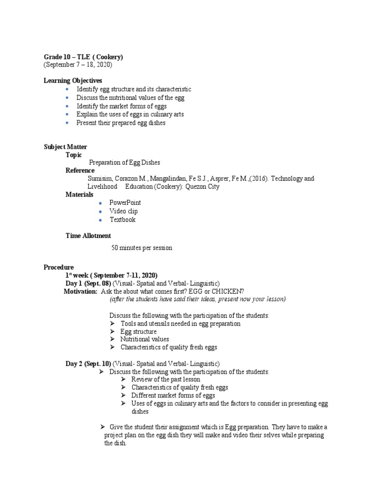 Egg Cookery Lesson Plan | PDF | Egg As Food | Neuropsychological Assessment