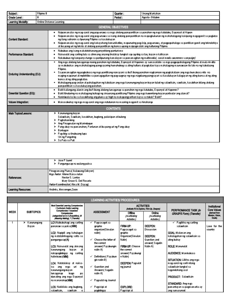 Learning Plan Filipino | PDF