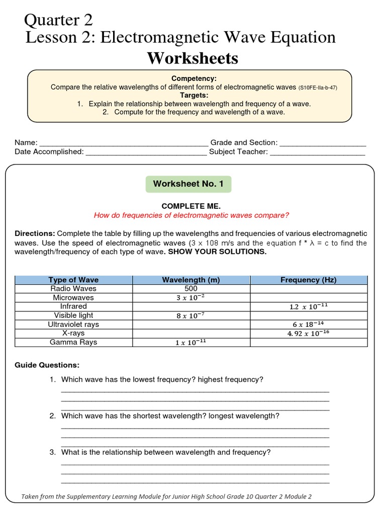 EM Wave Equation Worksheets PDF | PDF | Waves | Frequency