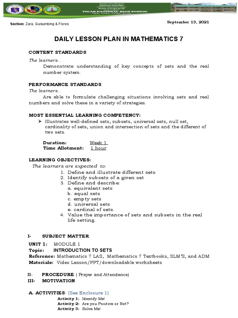 Daily Lesson Plan in Mathematics 7: The Learners | PDF | Set ...