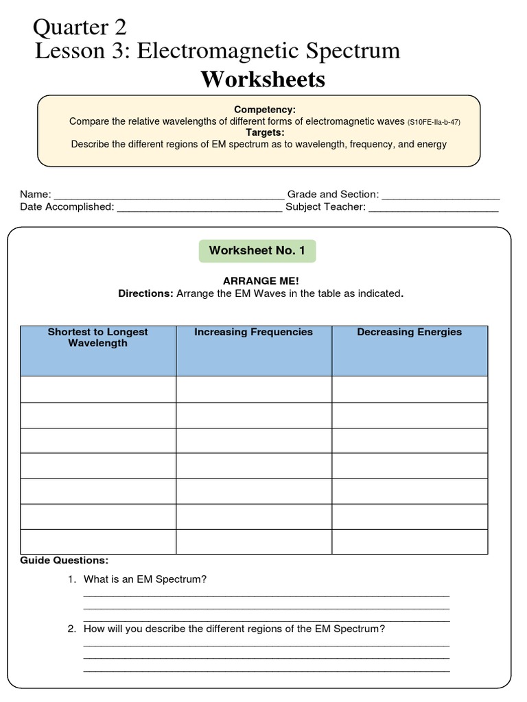 EM Spectrum Worksheets PDF | PDF | Electromagnetic Spectrum ...