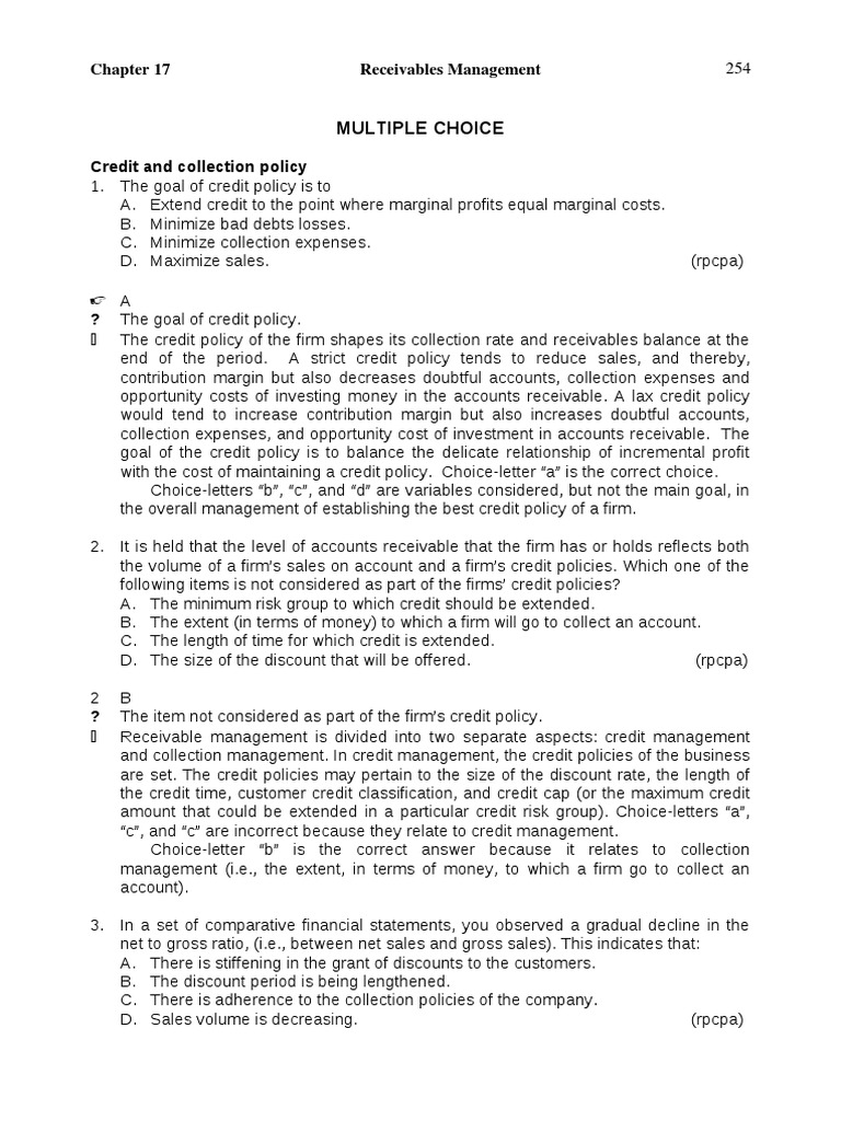 Credit and Collection Policy: Multiple Choice | PDF | Credit | Finance ...