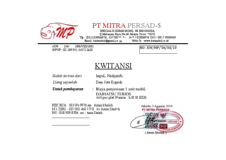 Contoh Kwitansi Sewa Mobil | PDF