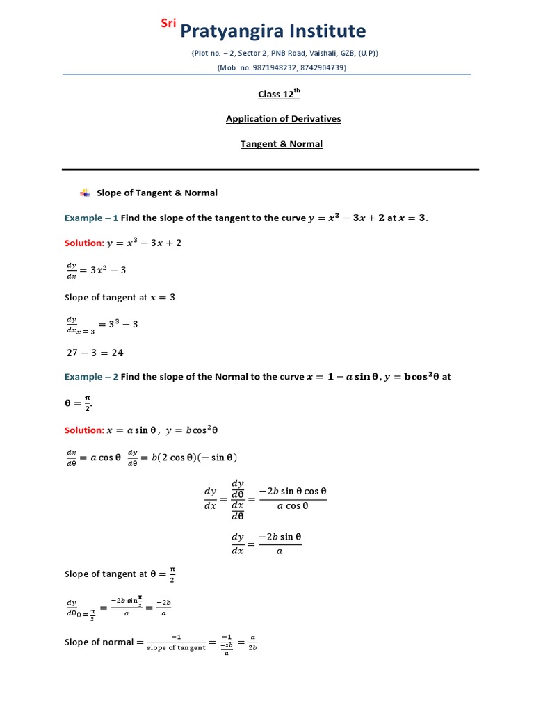 Equations of Tangents and Normals to Curves: Examples and Concepts ...