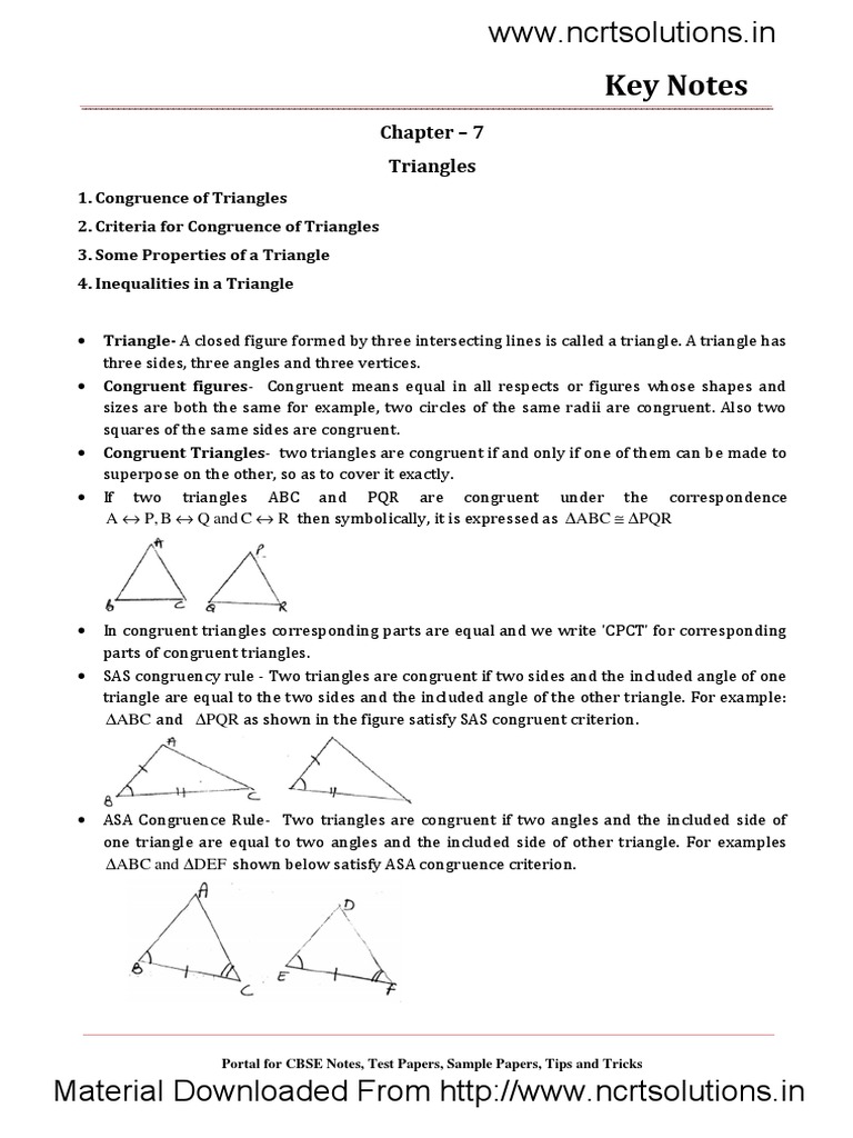 09 Maths Key Notes CH 07 Triangles | PDF | Triangle | Classical Geometry