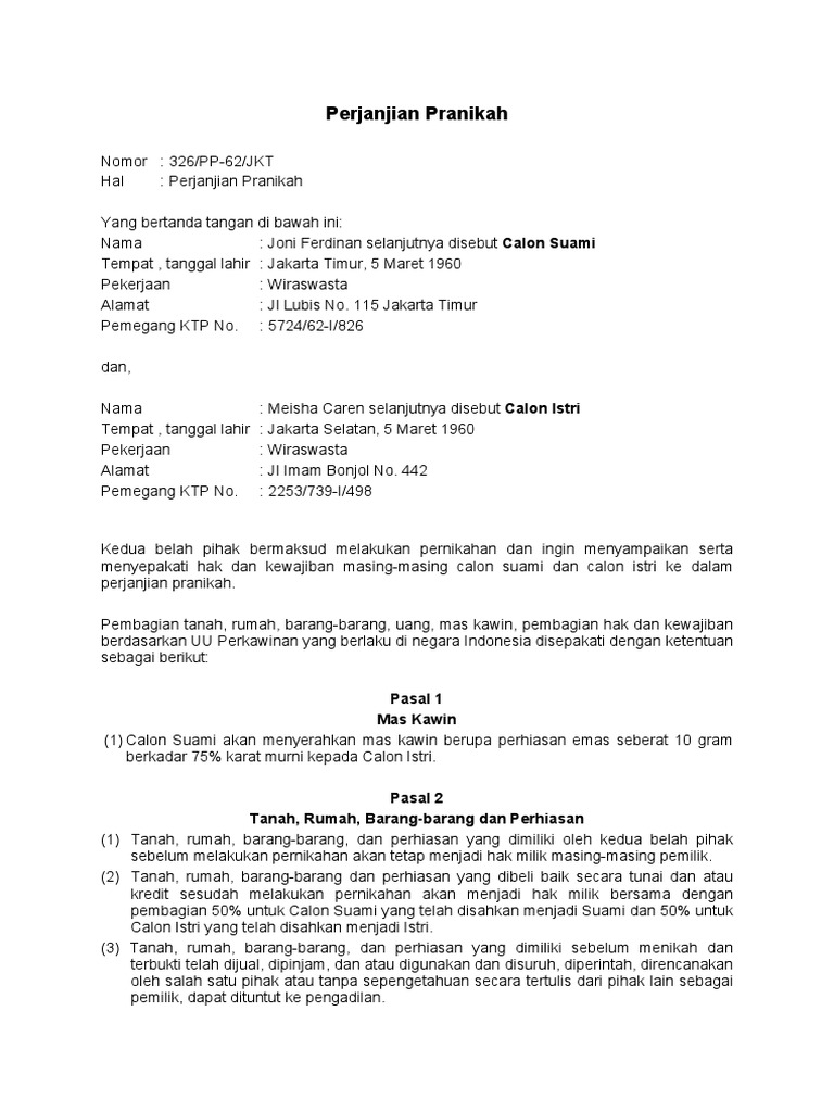 Perjanjian Pranikah Joni dan Meisha | PDF