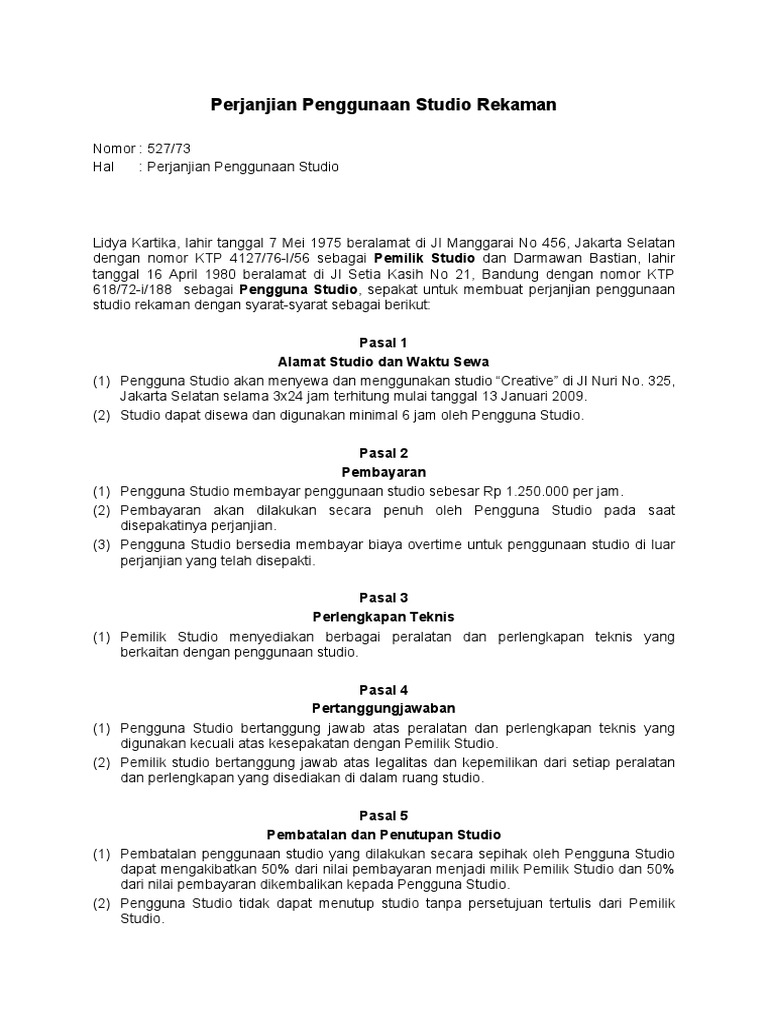 Perjanjian Penggunaan Studio Rekaman | PDF