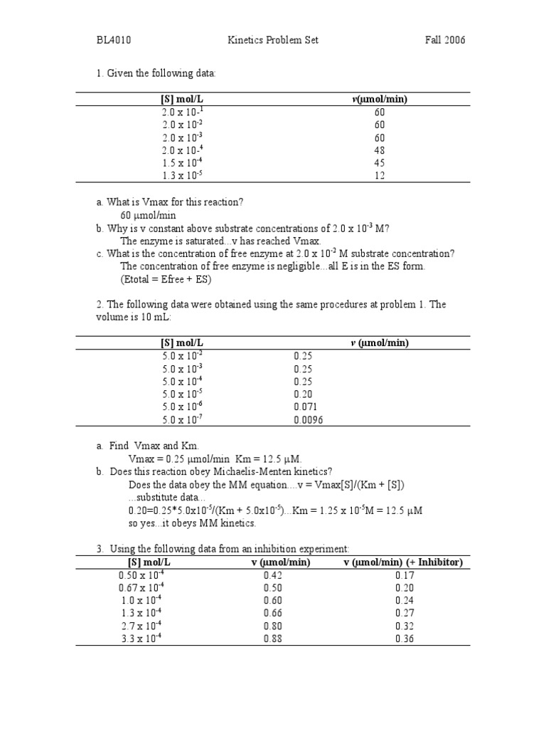 Kinetics Problem Set Answers | PDF | Enzyme Kinetics | Enzyme Inhibitor