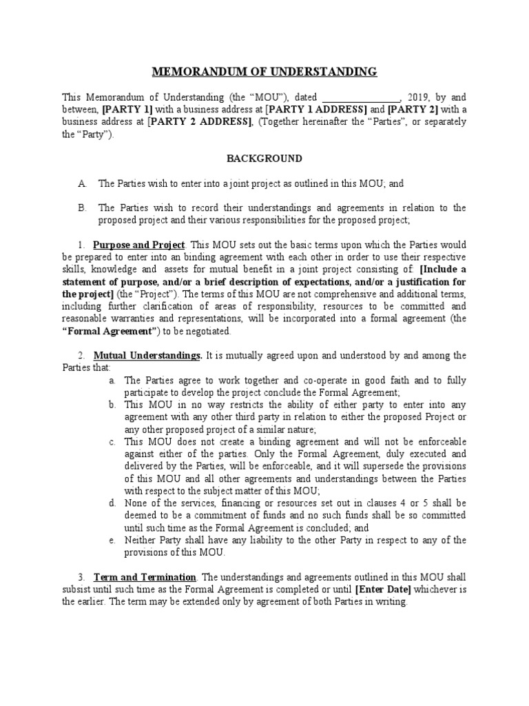 Sample Memorandum of Understanding | PDF | Memorandum Of Understanding ...