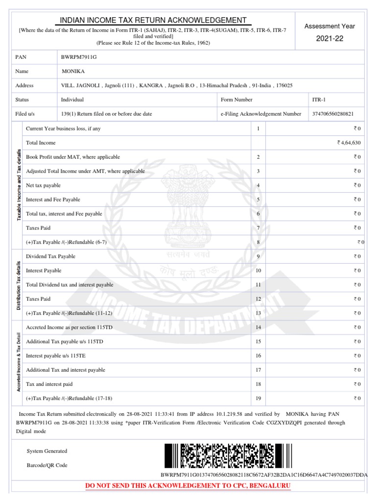 Indian Income Tax Return Acknowledgement 2021-22: Assessment Year | PDF ...