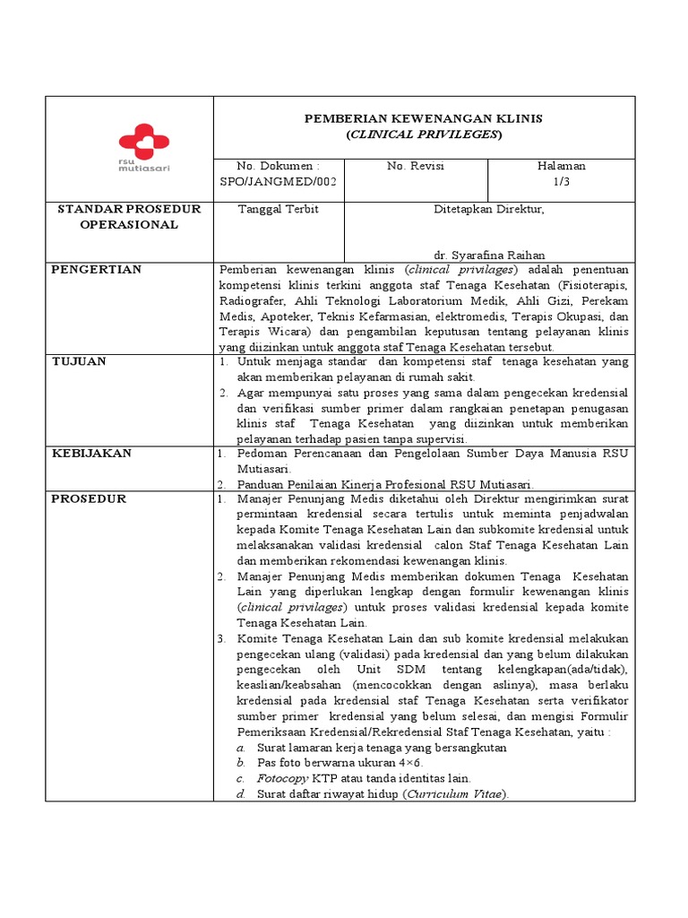 Spo Pemberian Kewenangan Klinis (Clinical Privileges) | PDF