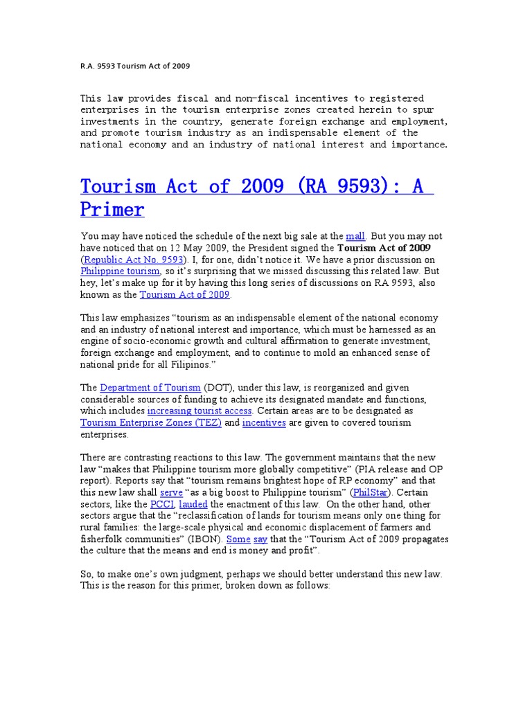 Tourism Act of 2009 (RA 9593) : A Primer | PDF | Taxes | Tourism