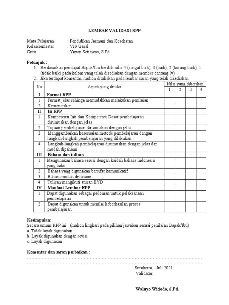 Lembar Validasi RPP | PDF
