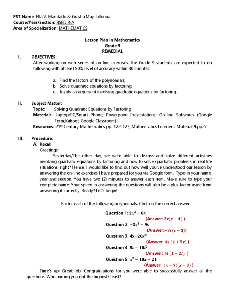 Remedial-Lesson Plan-Grade 9 | PDF | Factorization | Equations