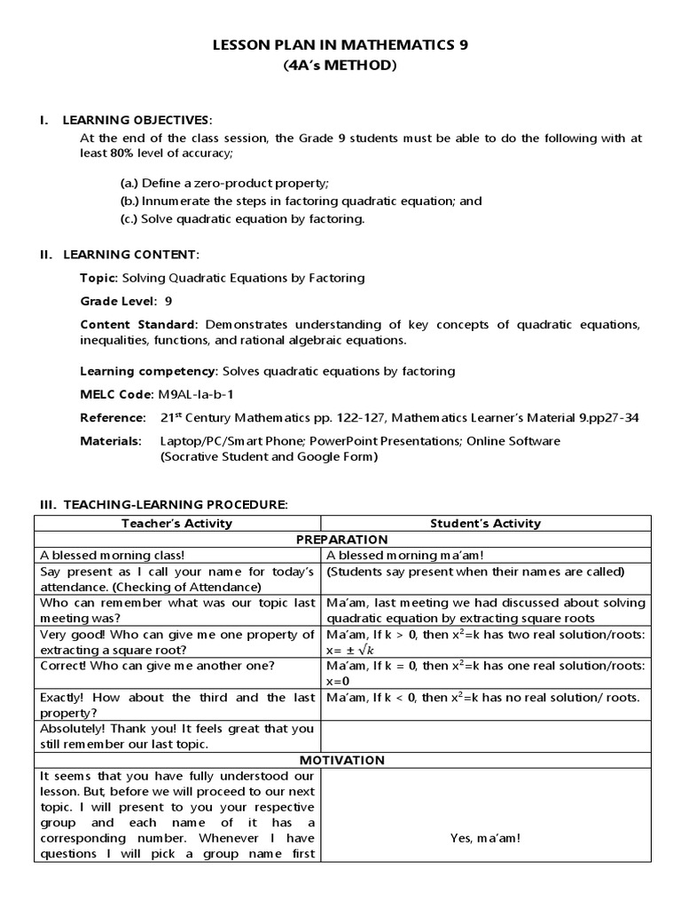 Lesson Plan in Mathematics 9 (4a's METHOD) | PDF | Quadratic Equation ...