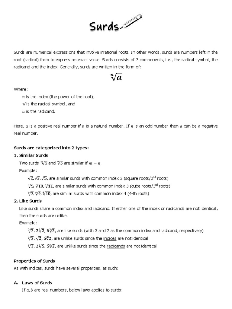 Surds Are Categorized Into 2 Types: 1. Similar Surds: ND RD | PDF ...