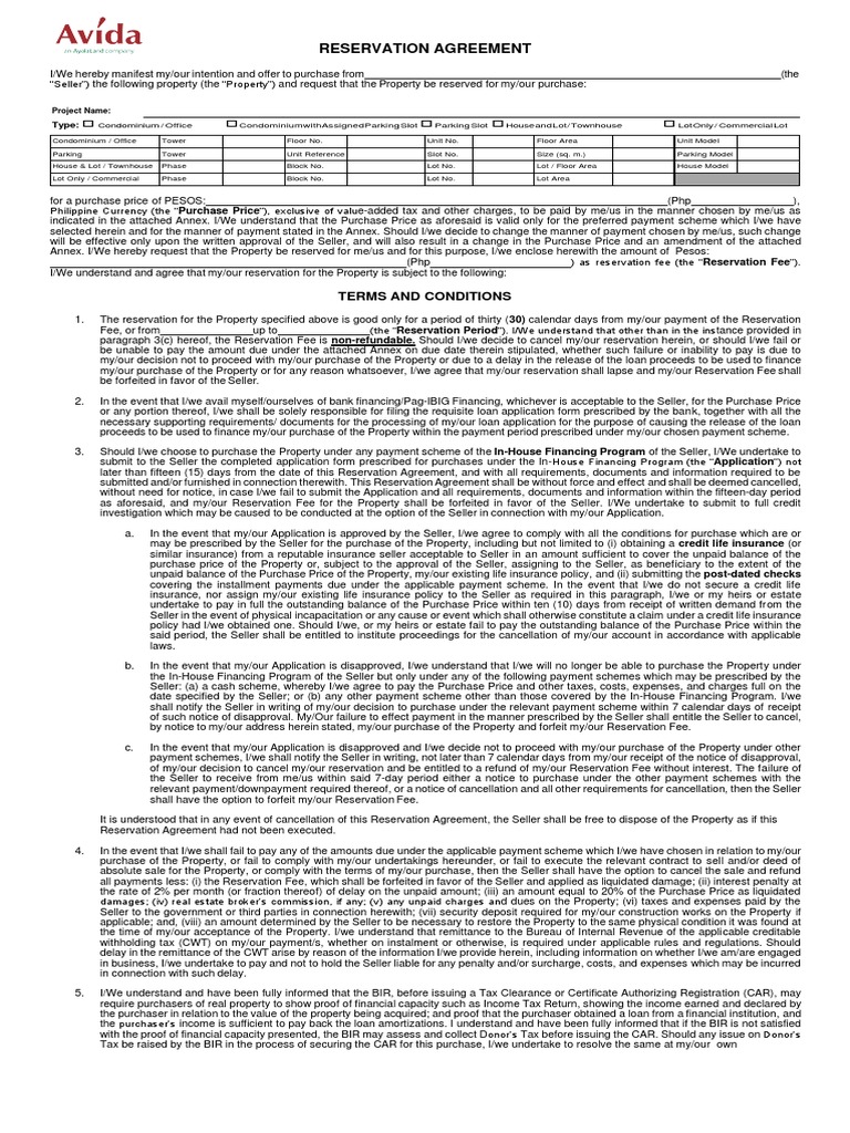 Reservation Agreement: Terms and Conditions | PDF | Taxes | Life Insurance