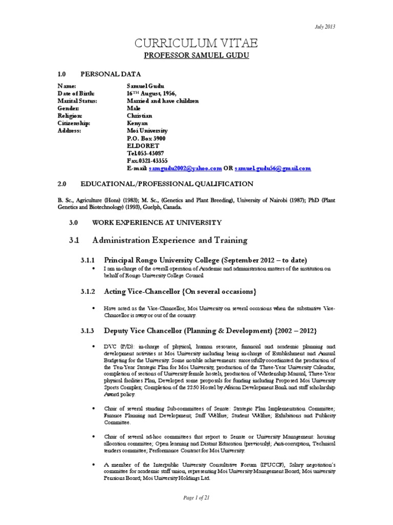 Curriculum Vitae: Professor Samuel Gudu | PDF | Lecturer | Biotechnology
