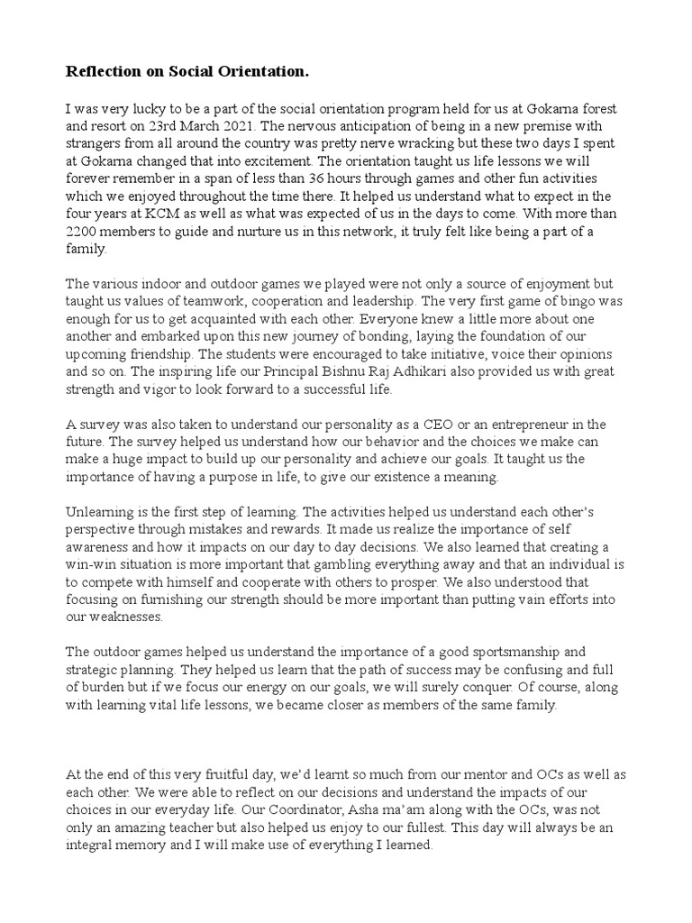 Reflection On Social Orientation | PDF | Communication | Psychology