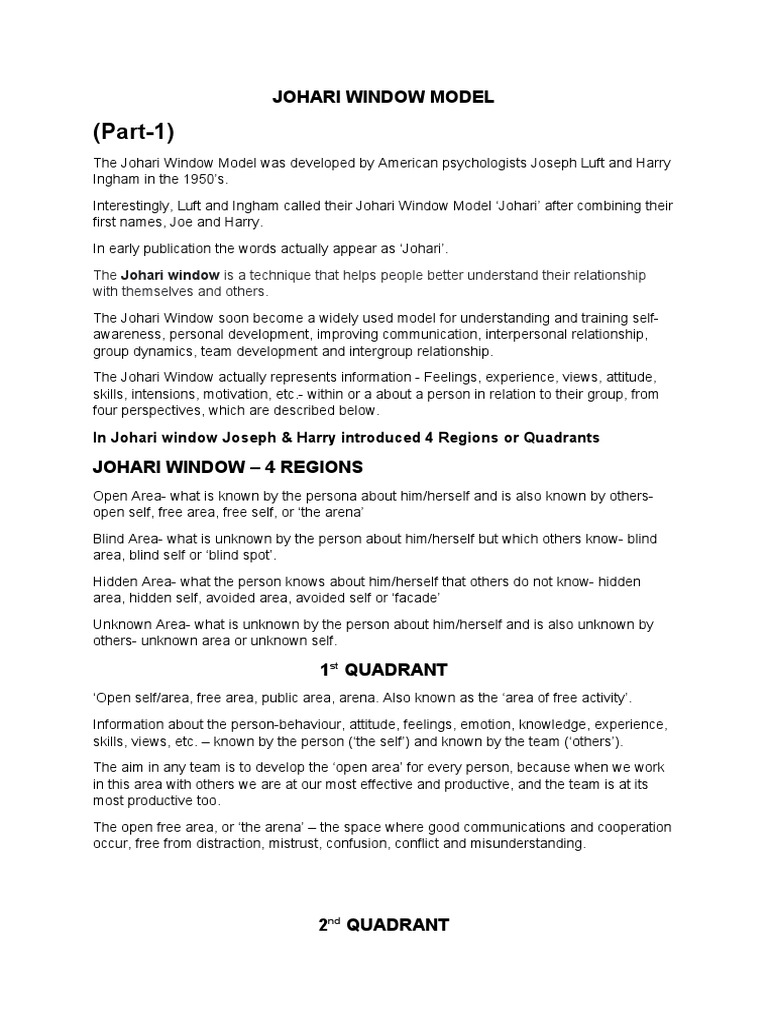 (Part-1) : Johari Window Model | PDF | Interpersonal Relationships ...