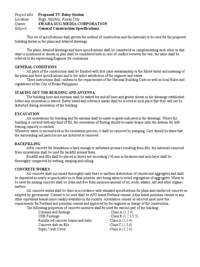 Swara Sug Media Corporation General Construction Specifications | PDF ...