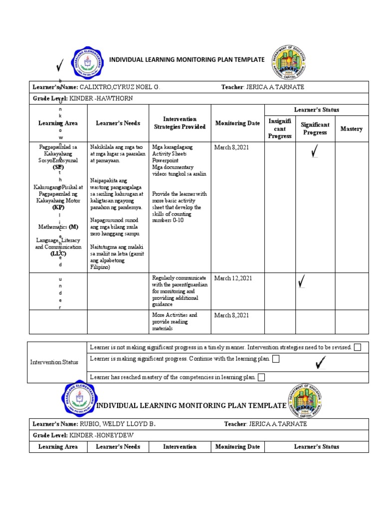 Individual-Learning-Monitoring-Plan (JERICA A.TARNATE) | PDF | Learning ...