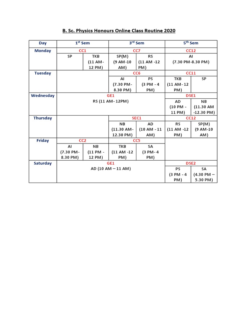B. Sc. Physics Honours Online Class Routine 2020: Day 1 Sem 3 Sem 5 Sem ...