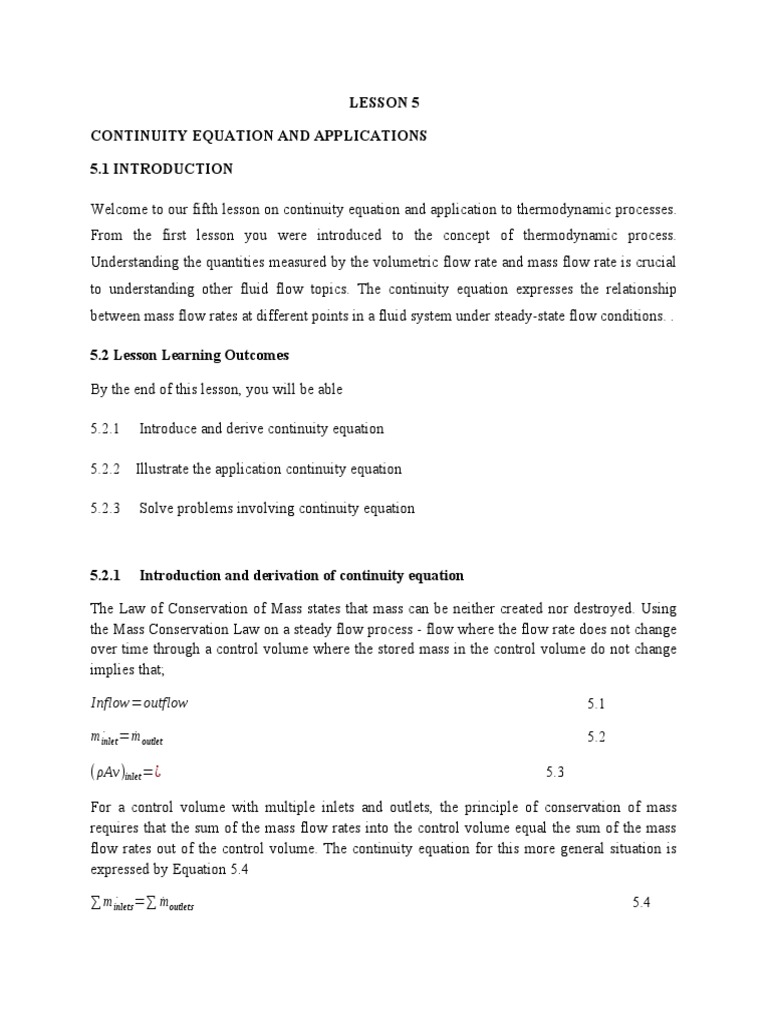 Lesson 5 Continuity Equation And Applications: Inflow=Outflow M M Ρav ...