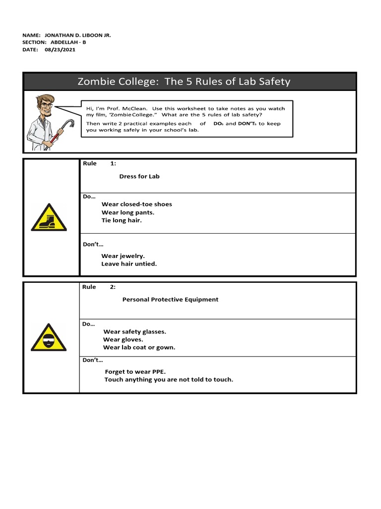 Science Safety Rules Worksheet