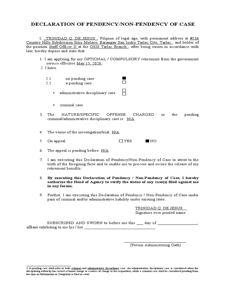 Declaration of Pendency/Non-Pendency of Case | PDF | Government ...