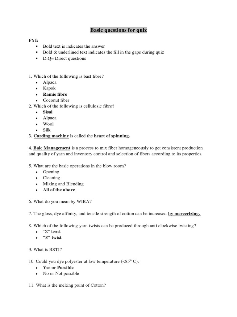 Basic Questions For Textile Quiz | PDF