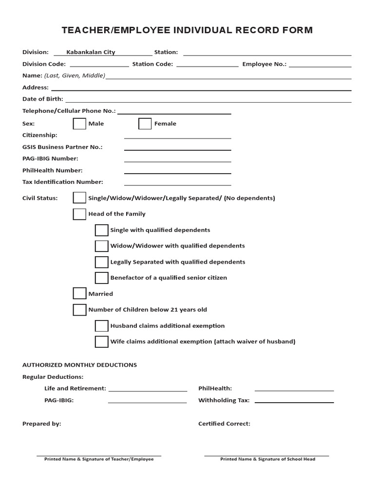 Teacher Employee Individual Record Form | PDF