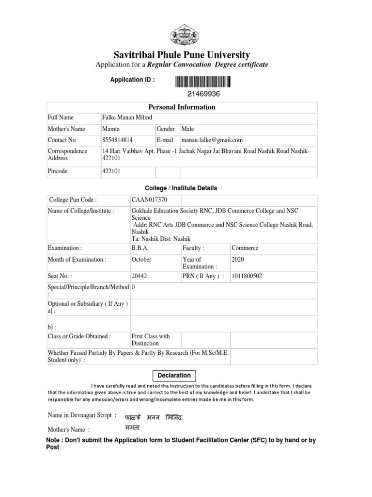 Savitribai Phule Pune University: Application For A Regular Convocation ...