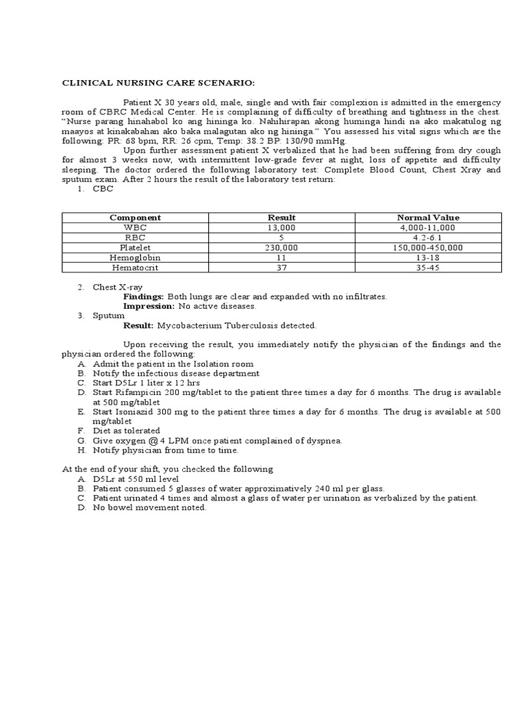 Clinical Nursing Care Scenario | PDF | Medicine | Clinical Medicine