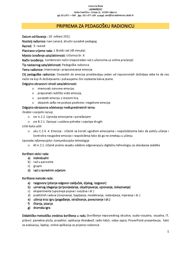 Priprema Za Radionicu - Imenovanje I Prepoznavanje Emocija | PDF