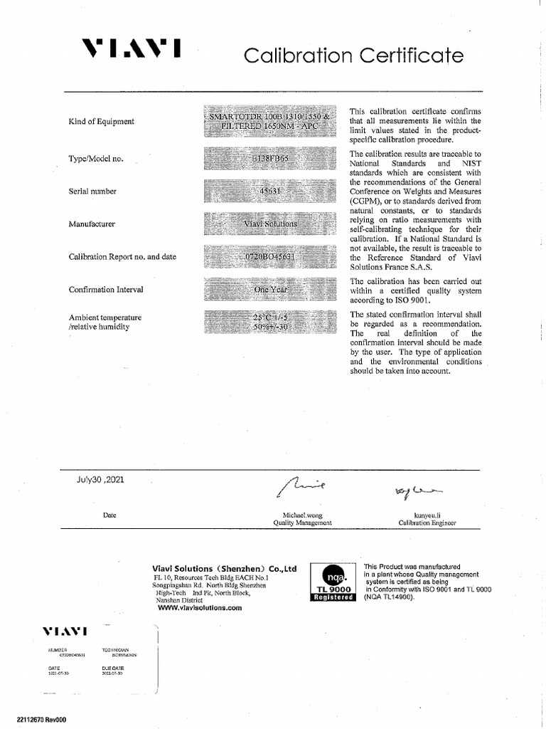 Smart Otdr Calibration Certificate mv2021 | PDF | Calibration | Metrology