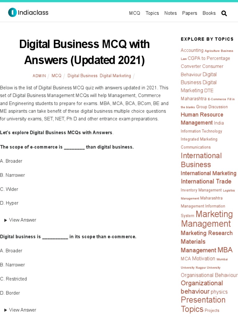 Digital Business MCQ With Answers (Updated 2021) - Indiaclass | PDF ...