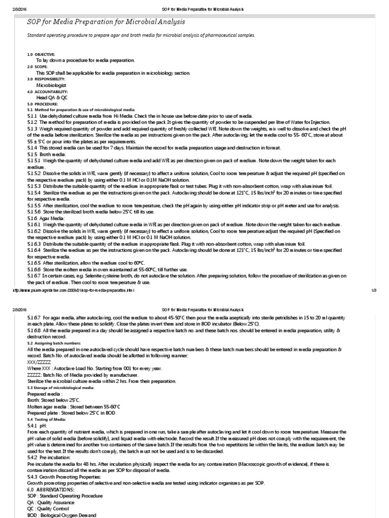 SOP For Media Preparation For Microbial Analysis | PDF | Growth Medium | Ph