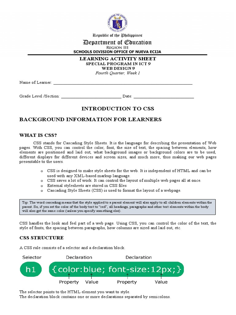 Week 1 Introduction To CSS | PDF | Html Element | Html