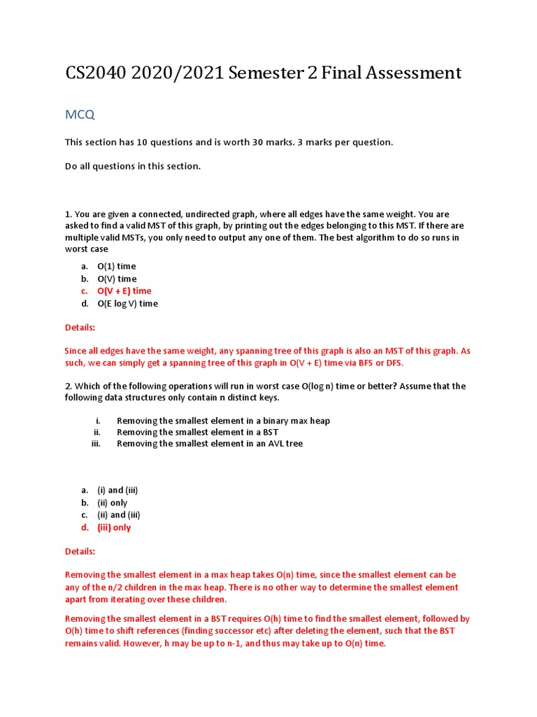 CS2040 2020 2021 Sem2 Final Assessment With Ans and GradingScheme | PDF | Vertex (Graph Theory ...