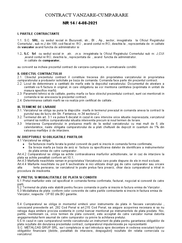 Contract de Vanzare Cumparare Model | PDF