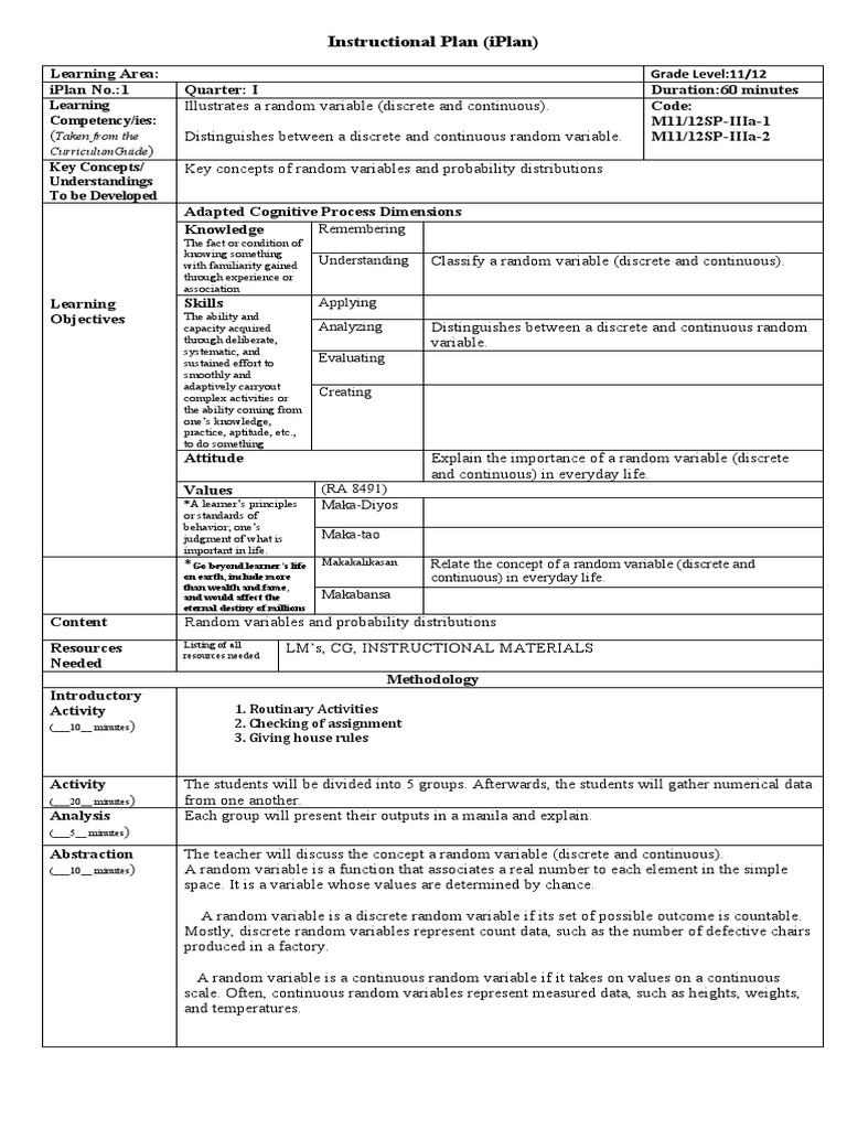 Instructional Plan (Iplan) : Grade Level:11/12 Learning Competency/Ies | PDF | Probability ...