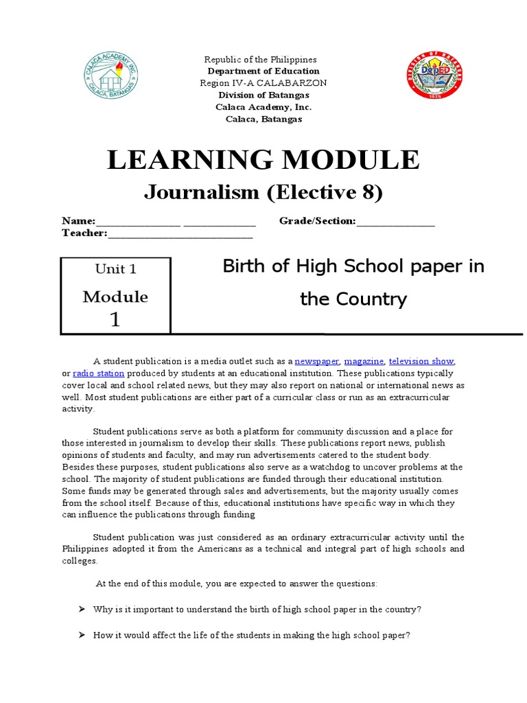 Learning Module: Journalism (Elective 8) | PDF | Creative Nonfiction ...