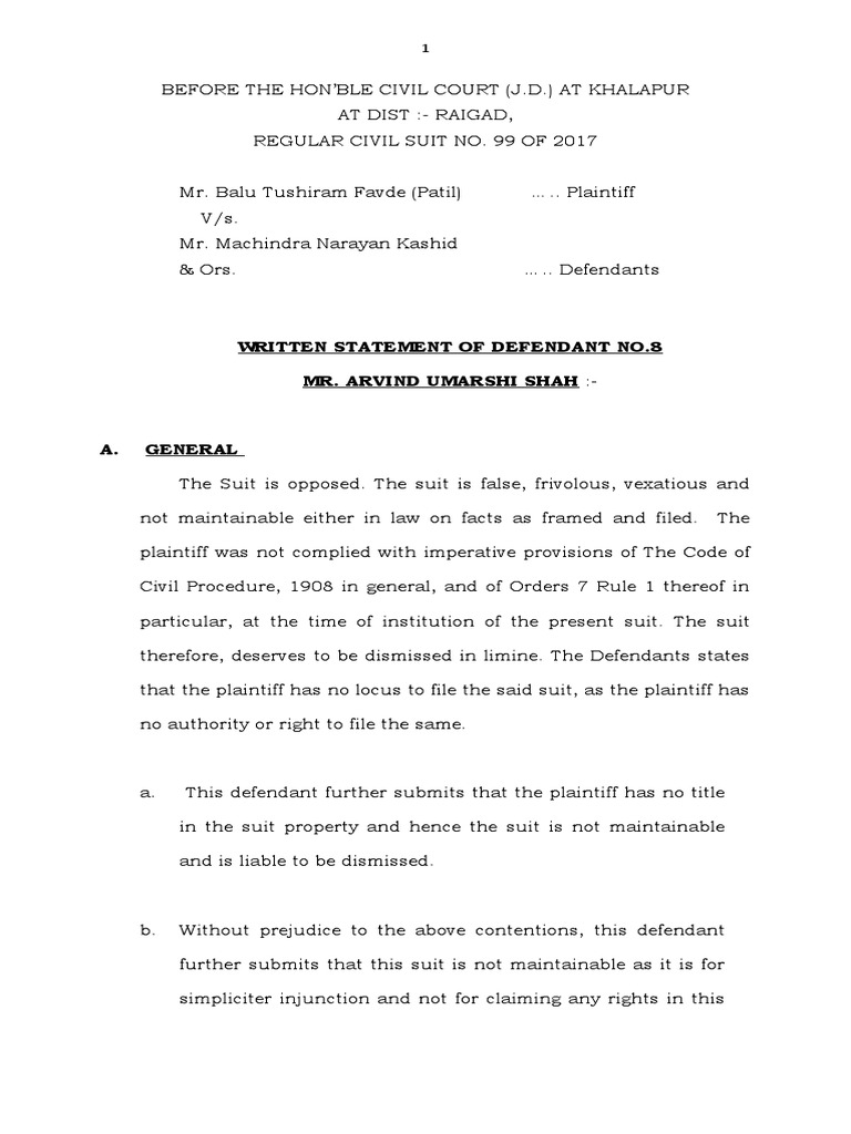 Written Statement in Civil Suit 99/2017 | PDF | Lawsuit | Prejudice ...