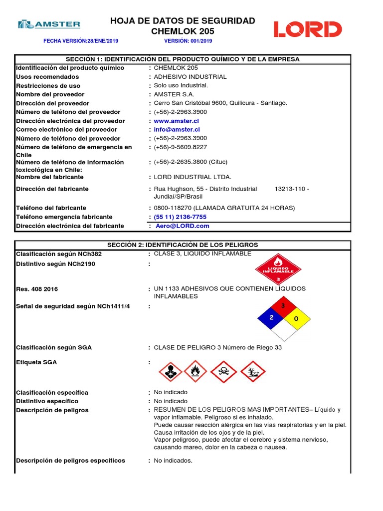 Hoja de Datos de Seguridad Chemlok 205: WWW - Amster.cl Info@amster ...