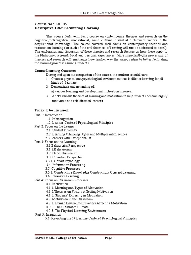 Course No.: Ed 105 Descriptive Title: Facilitating Learning: CHAPTER I - Metacognition | PDF ...