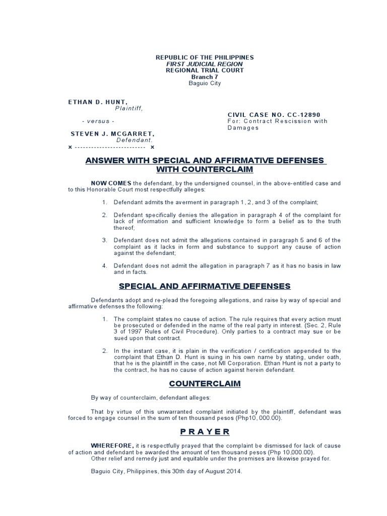 Answer With Special and Affirmative Defenses With Counterclaim | PDF ...